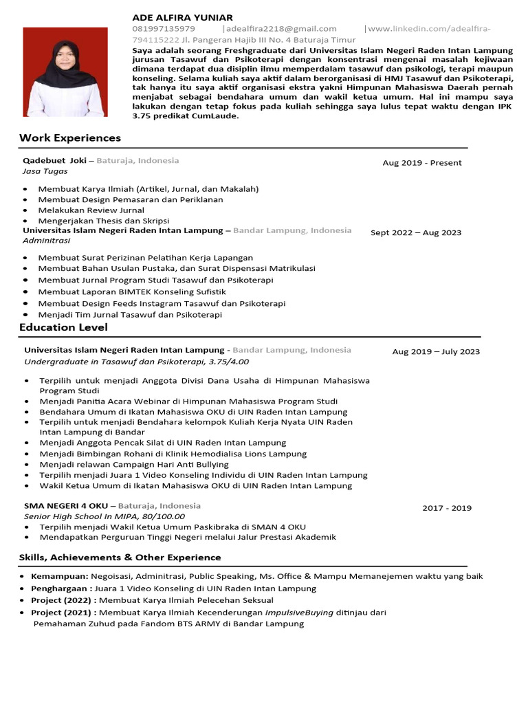 CV Ade Alfira Yuniar - Compressed | PDF | Karier & Perkembangan