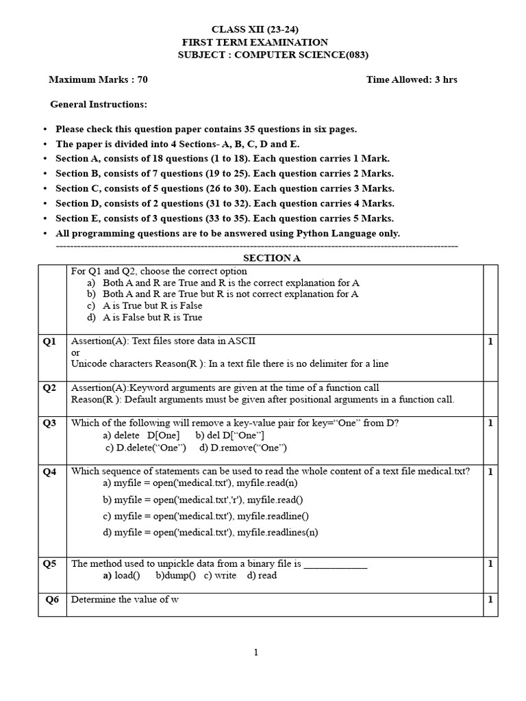 CS - QP - Xii - T1 - 2023-24 CS | Download Free PDF | Computer Network | Table (Database)