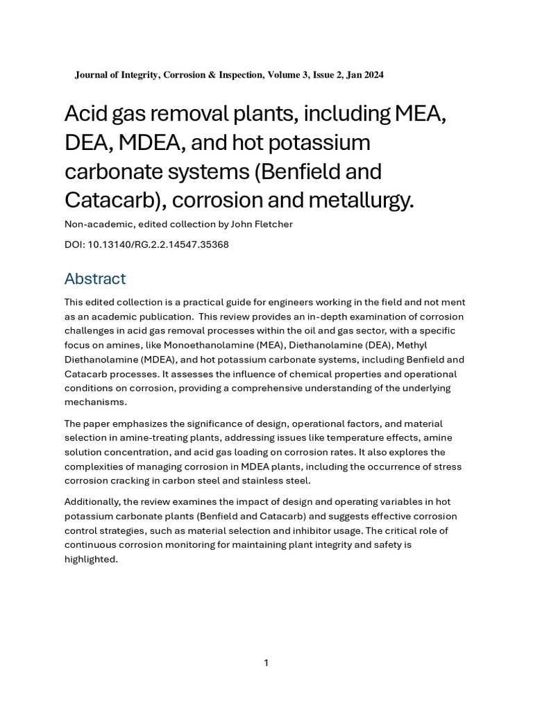 Acid Gas Removal MEA DEA MDEA Benfield - Catacarb Corrosion | PDF ...