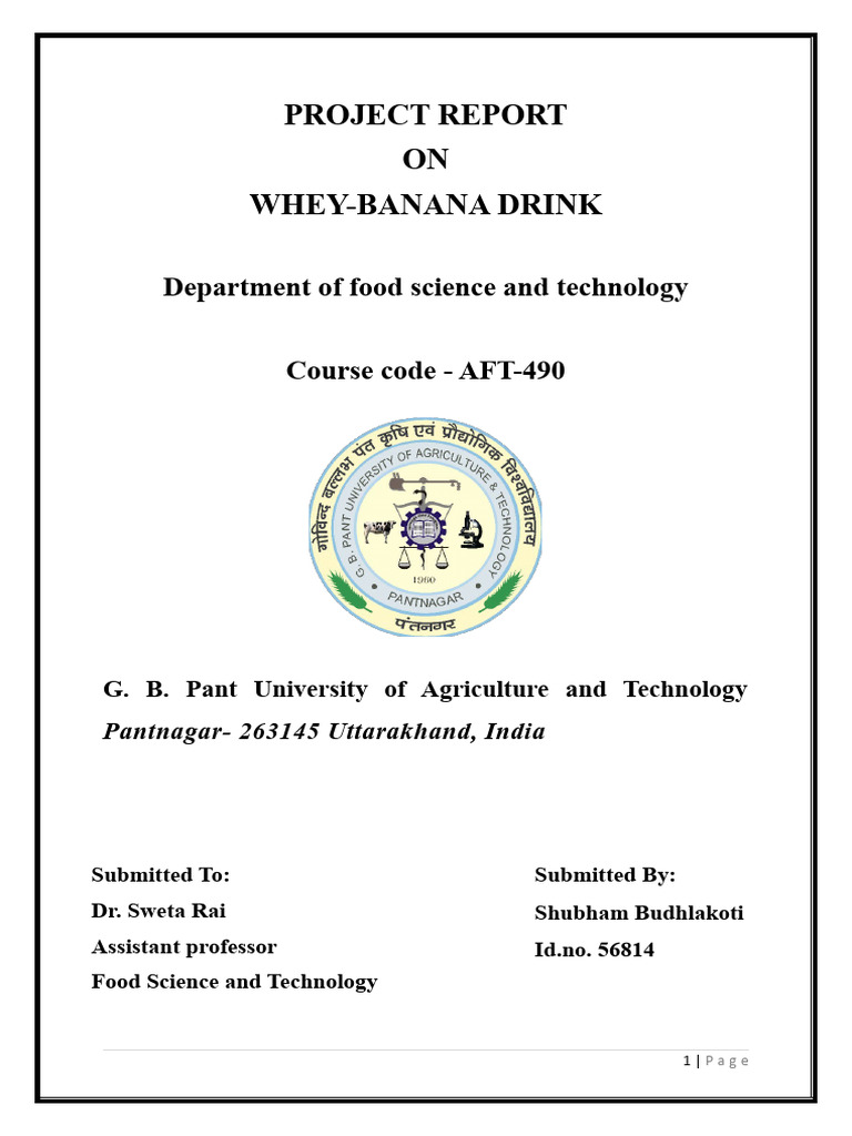 Whey Banana Drink ELP Project Report Shubham Budhlakoti 56814 | PDF | Drink | Nutrition