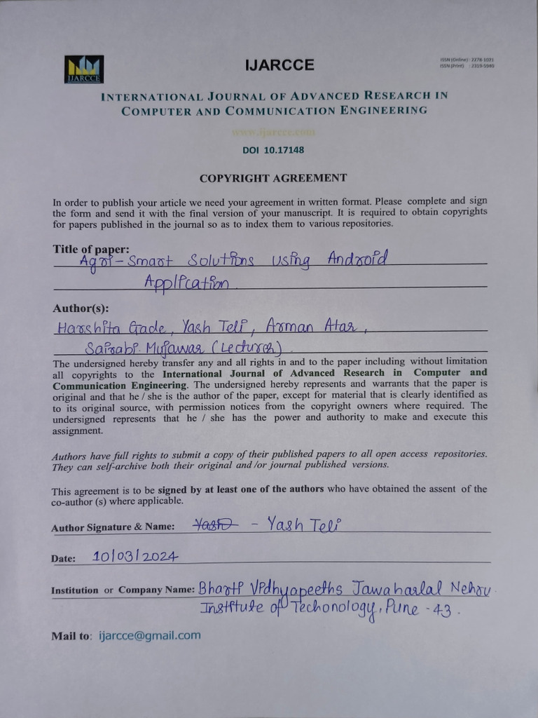(IJARCCE) Copyright Agreement | PDF | Computers