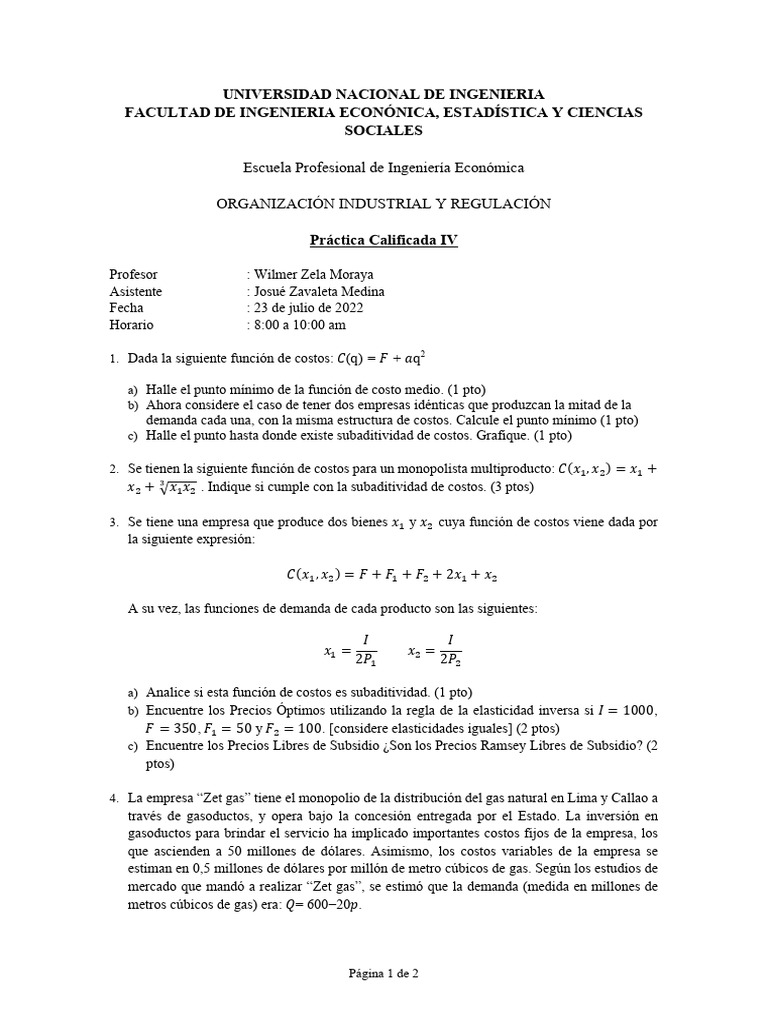 Práctica Calificada 4 - Sección K | PDF | Monopolio | Mercado (economía)