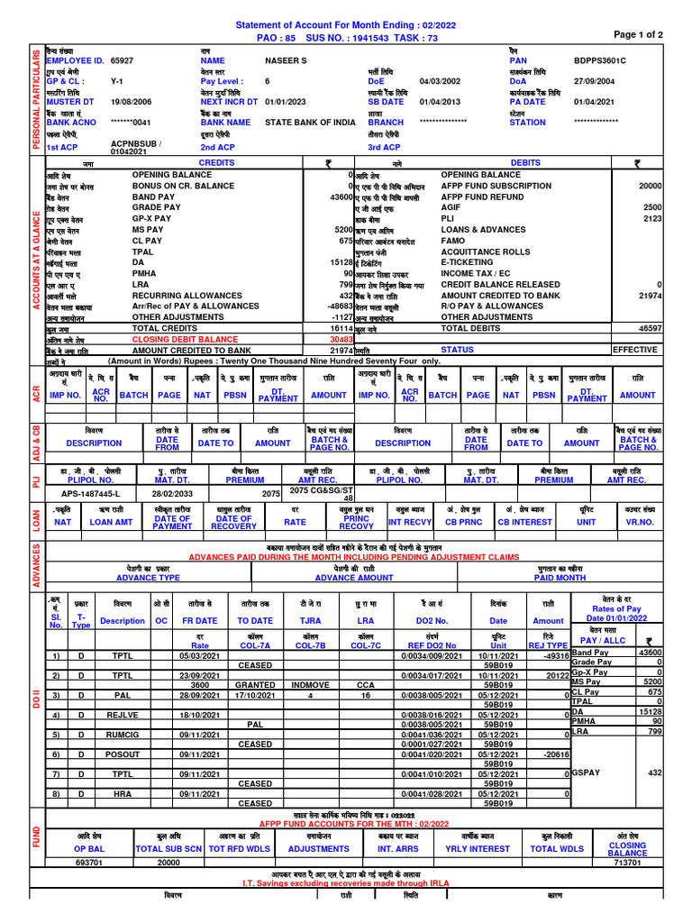 Statement of Account For Month Ending: 02/2022 PAO: 85 SUS NO.: 1941543 ...