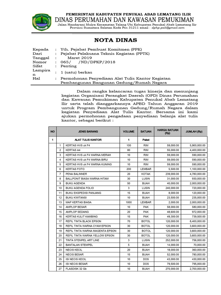 Nota Dinas Belanja Atk Rutin | PDF