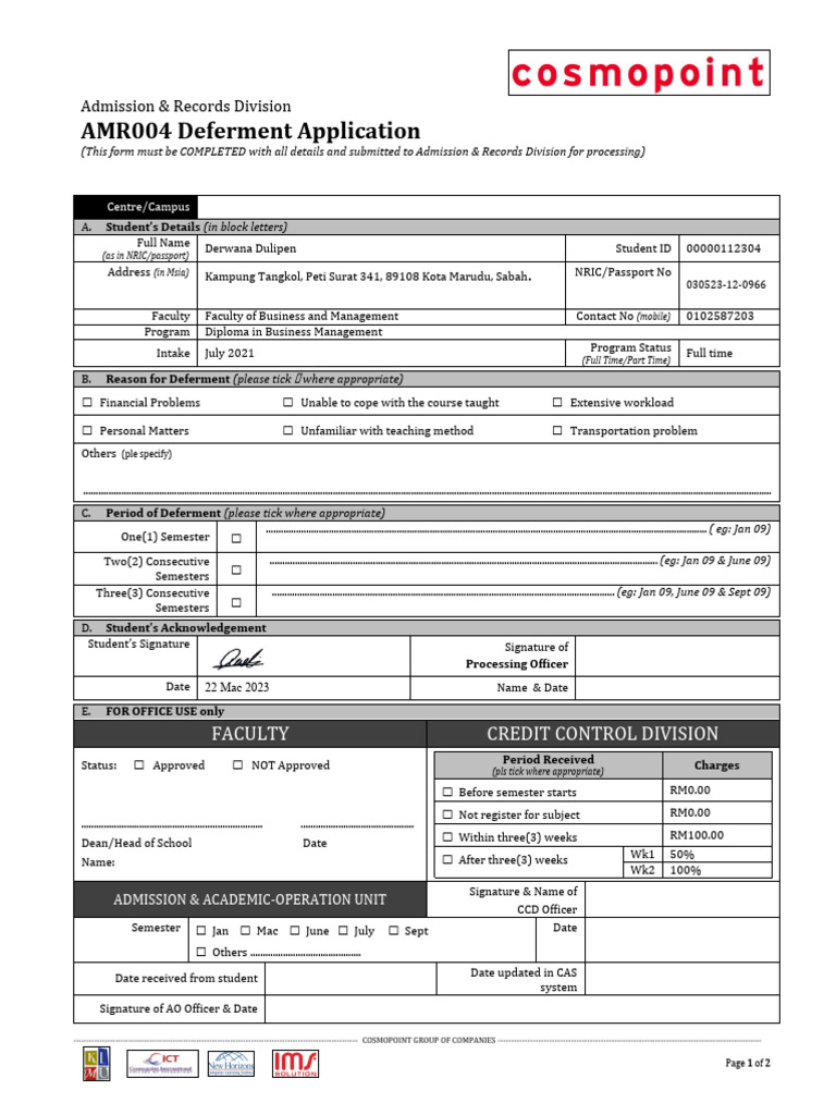(AMR004) Deferment Application | PDF
