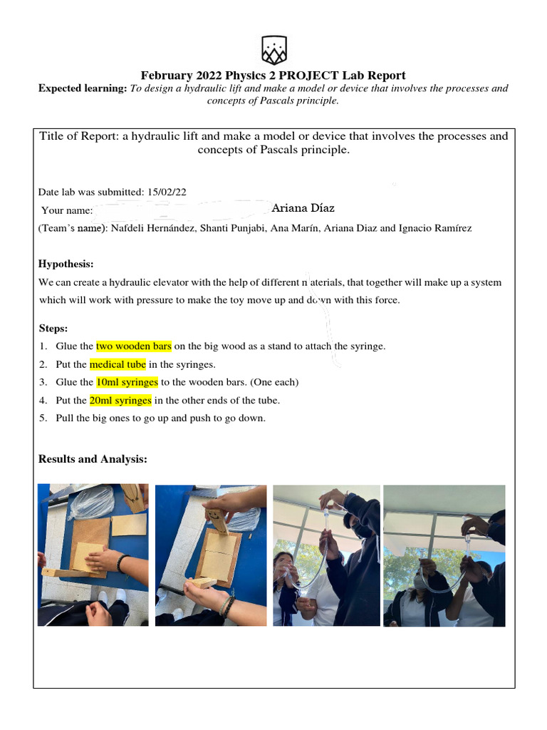 physics HYDRAULIC LIFT project Lab Report - NASNA | PDF