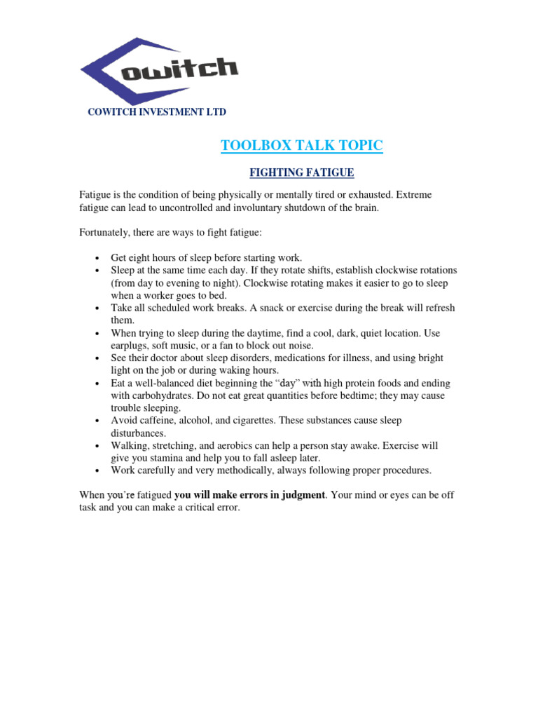 TOOLBOX TALK TOPIC - Fighting Fatigue | PDF
