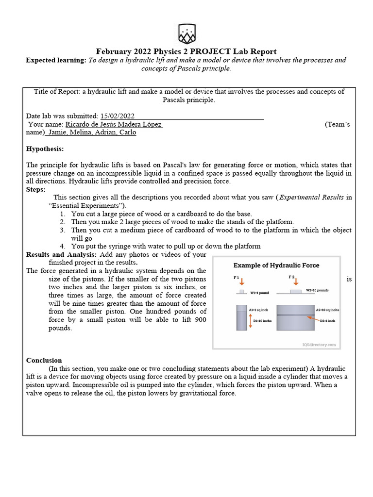 physics HYDRAULIC LIFT project Lab Report | PDF