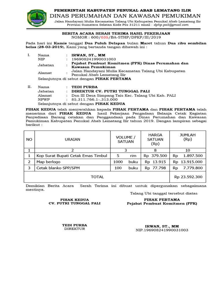 Berita Acara Dinas - CV - Ars | PDF