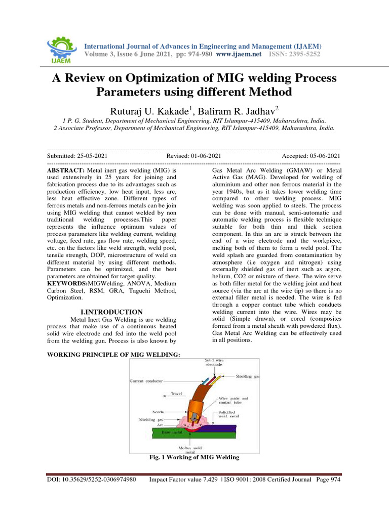 A Review On Optimization Of Mig Welding Process Parameters Using Different Method Pdf