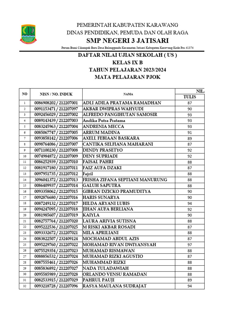 Format Nilai US PJOK | PDF