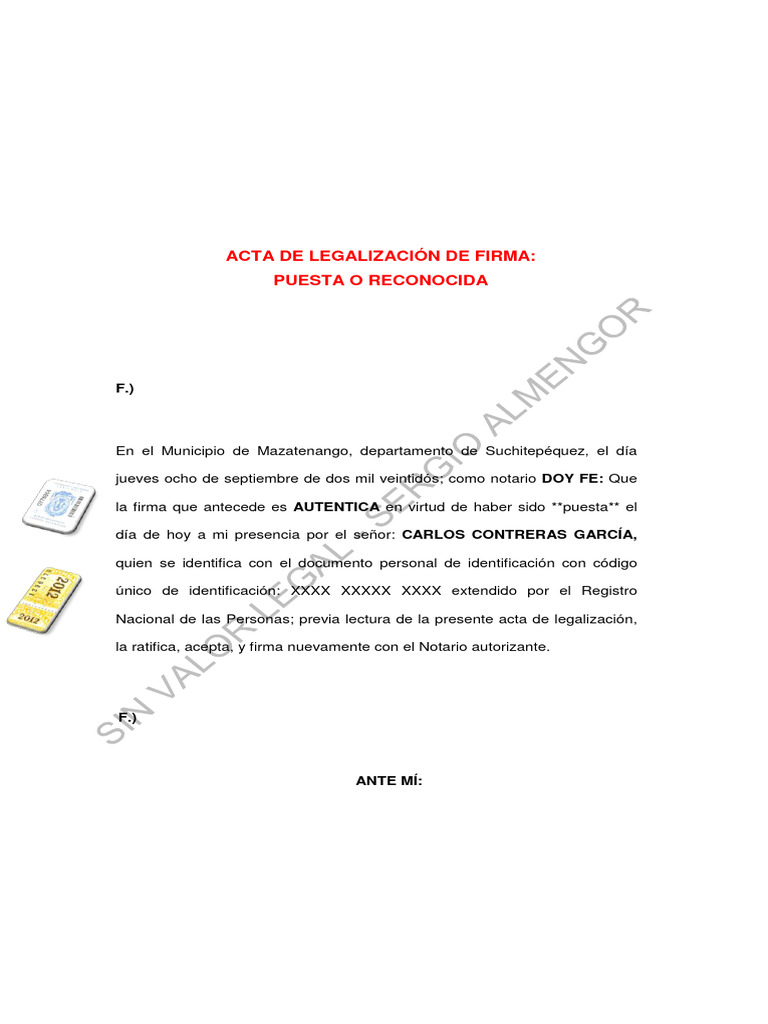 Ejemplos Actas de Legalizacion de Firma y Documento, Razón de Legalizacion y Protocolacion | PDF
