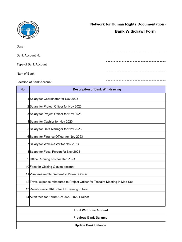 Bank Withdrawal Form (Chiangmai Office) - Nov 2023 Salaries Office ...