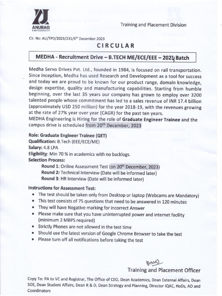 231 MEDHA++Recruitment+Drive+ +B.tech+ME ECE EEE 2024+batch | PDF