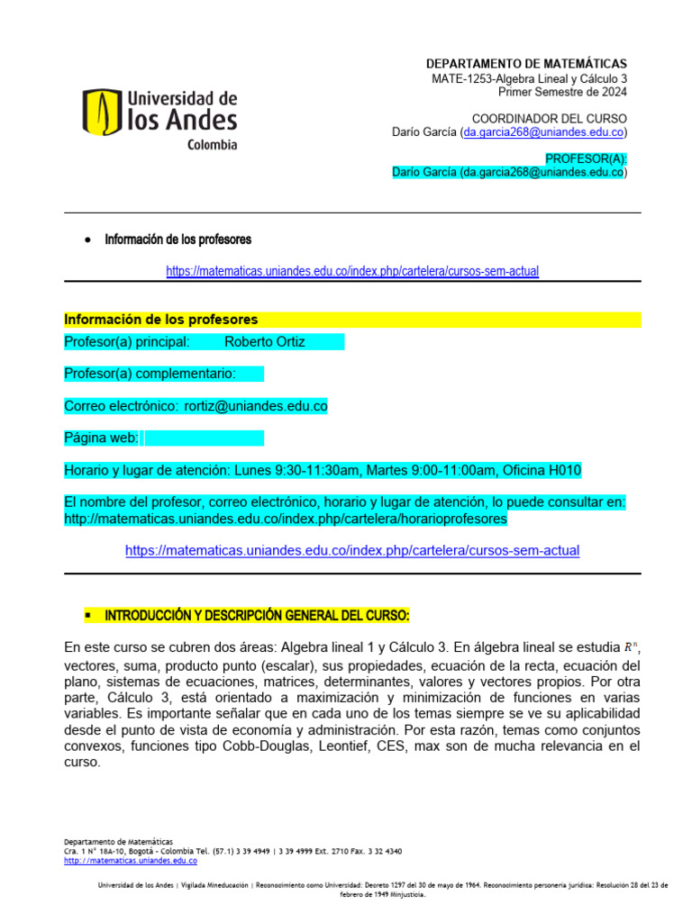 Programa Mate1253 - 202410 | PDF | Determinante | Matriz (Matemáticas)