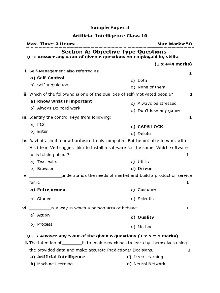 Answer Key Sample Paper 3 AI Class 10 | PDF | Artificial Intelligence ...