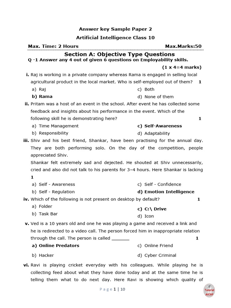 Answer Key Sample Paper 2 AI Class 10 | PDF | Artificial Intelligence ...