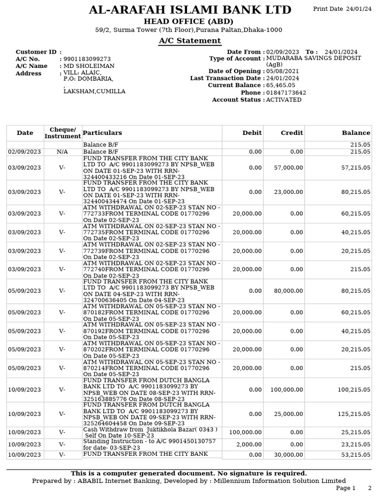 DEPOSIT Account Receipt Amr 2024-01-24 13 14 51 429573AIBL | PDF | Automated Teller Machine | Banks