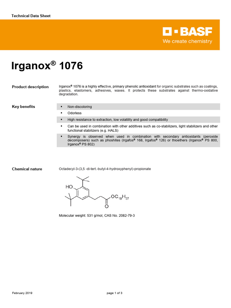 Irganox+1076 TDS EN | PDF | Antioxidant | Materials