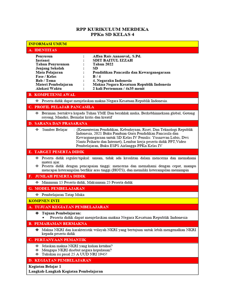 RPP PPKN Bab 4 Kelas 4 | PDF