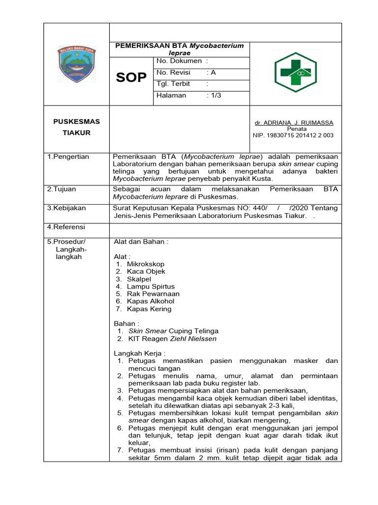 EP 1.b.7 SOP Pemeriksaan BTA (M. Leprae) | PDF
