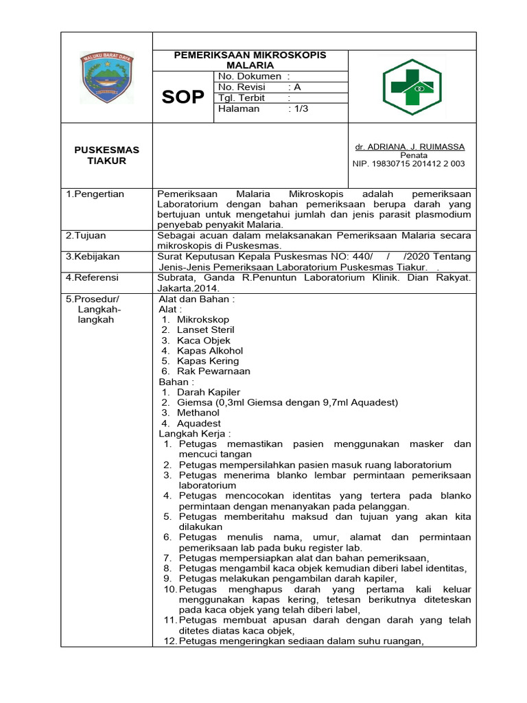 EP 1.b.8 SOP Pemeriksaan Mikroskopis Malaria | PDF