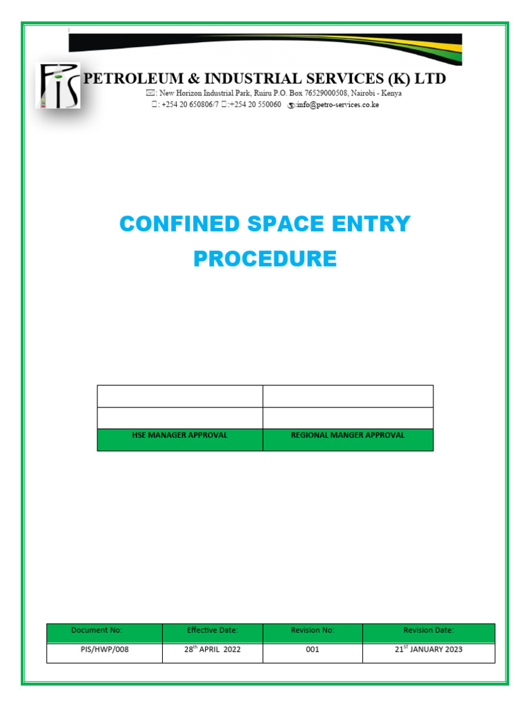 Confined Space Enttry Procedure | PDF | Safety | Workplace