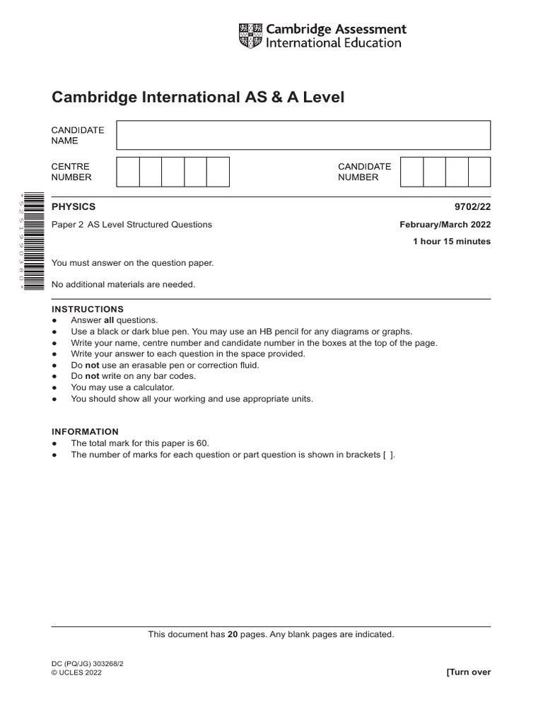 Cambridge International AS & A Level: PHYSICS 9702/22 | PDF
