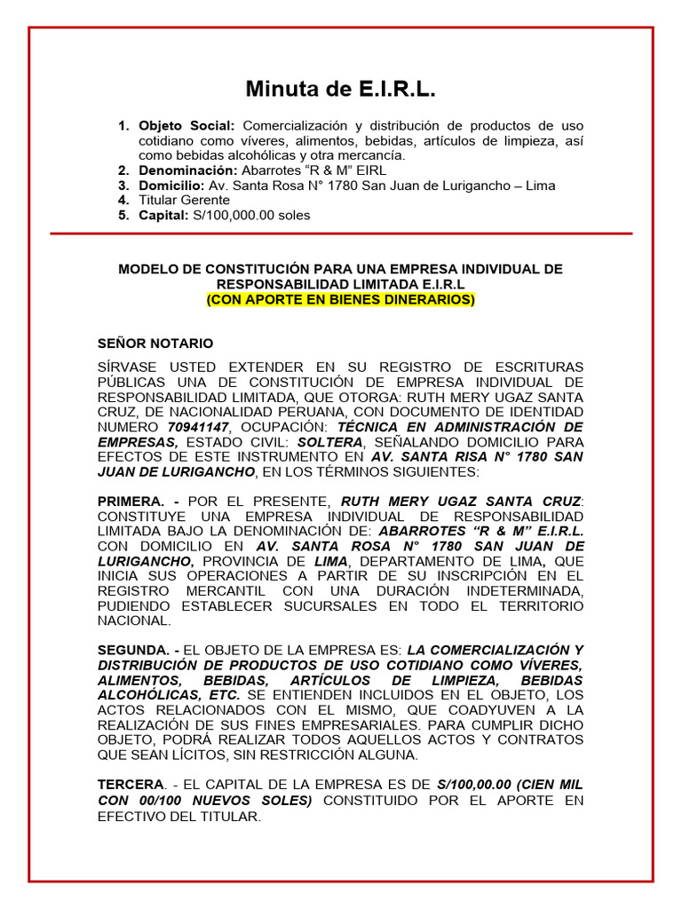 Minuta de EIRL | PDF | Contabilidad | Business