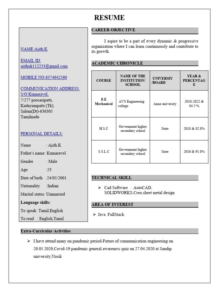 Ajith K's Mechanical Engineering Resume | PDF
