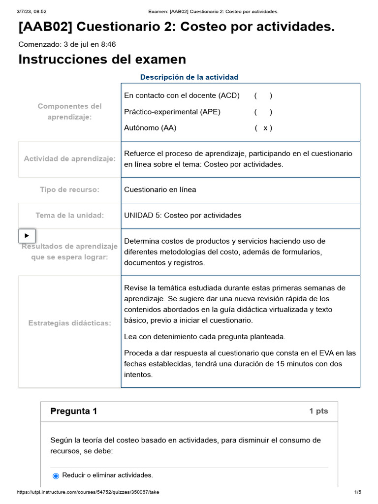Examen - (AAB02) Cuestionario 2 - Costeo Por Actividades | PDF | Cuestionario | Aprendizaje