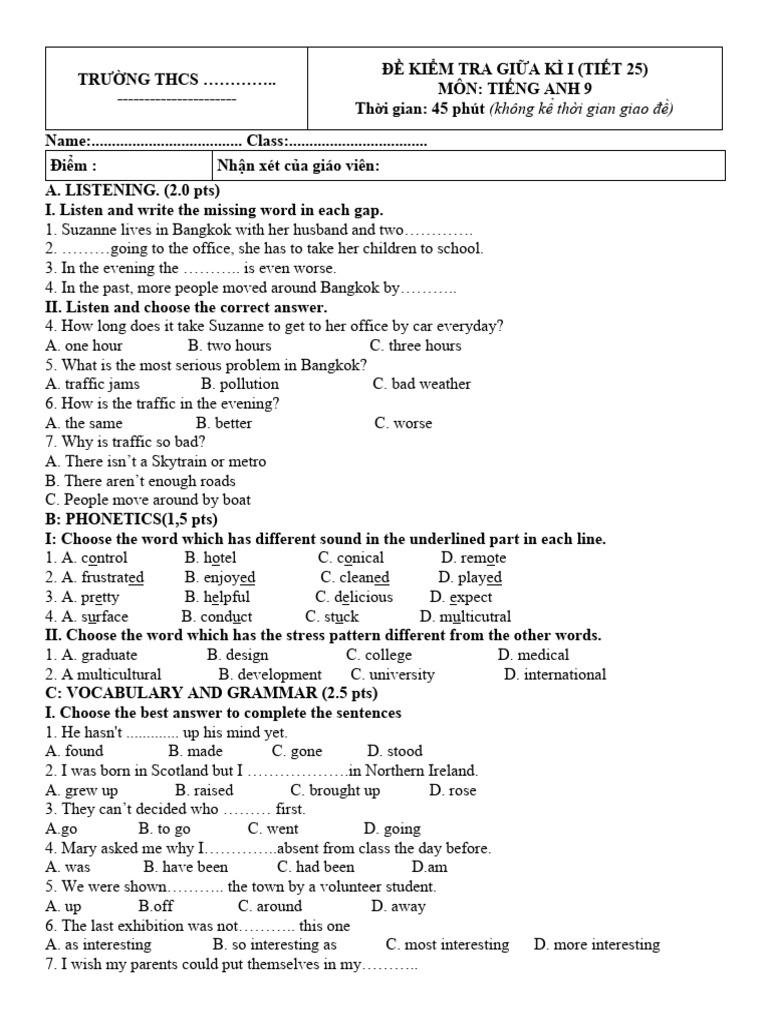 De Thi Giua HK 1 Tieng Anh 9 Thi Diem de 1 | PDF | Linguistics