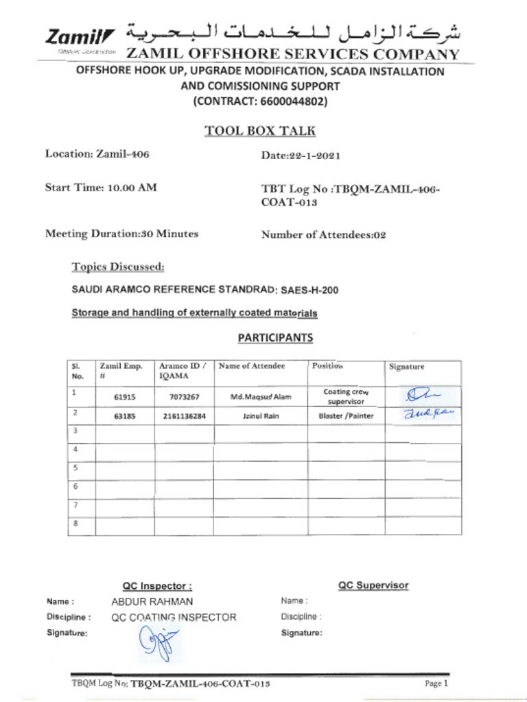 Zamil-406 Toolbox Talk Summary | PDF | Pipe (Fluid Conveyance) | Abrasive
