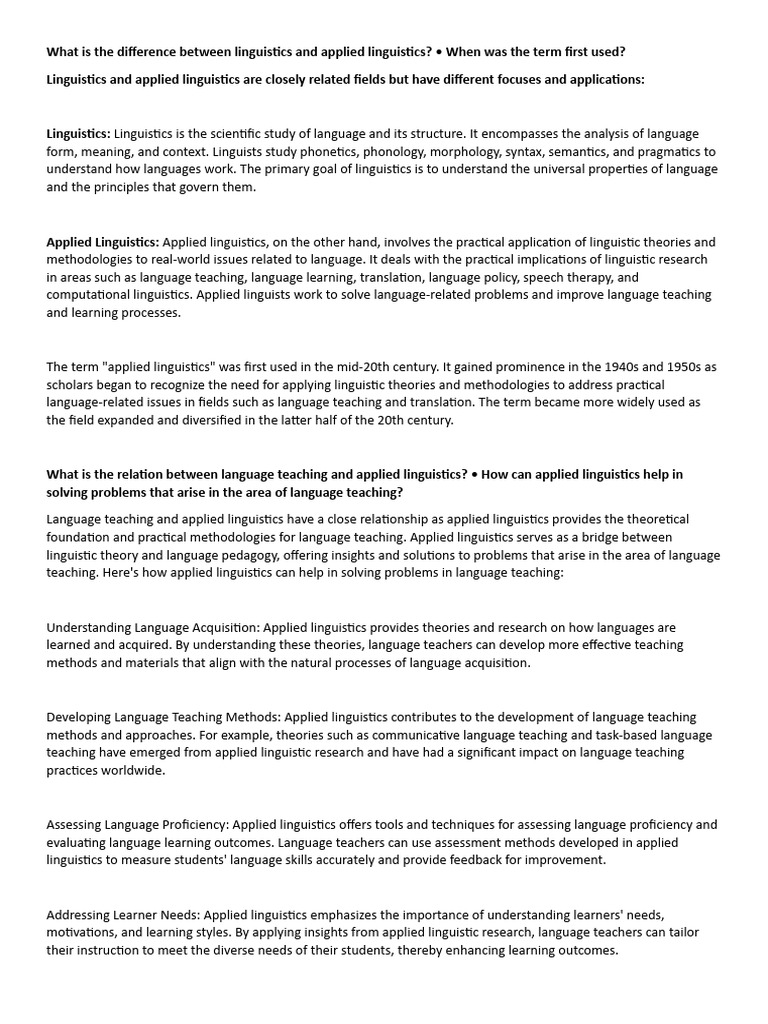 What Is The Difference Between Linguistics and Applied Linguistics | PDF | Linguistics ...