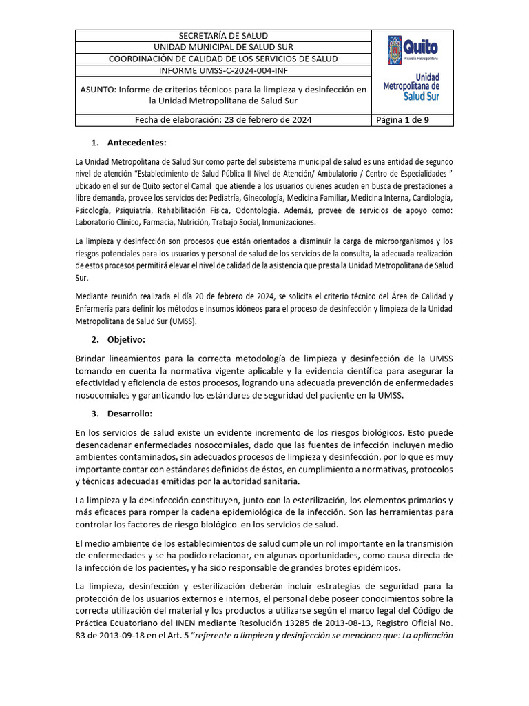 UMSS-C-2024-004-INF - Informe Limpieza y Desinfección V1-Signed | PDF | Hospital | Antimicrobiano