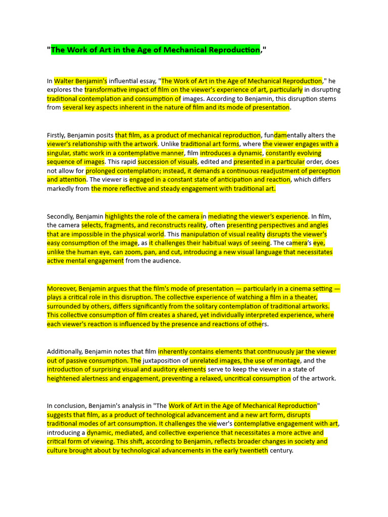The Work of Art in the Age of Mechanical Reproduction | PDF | Image ...