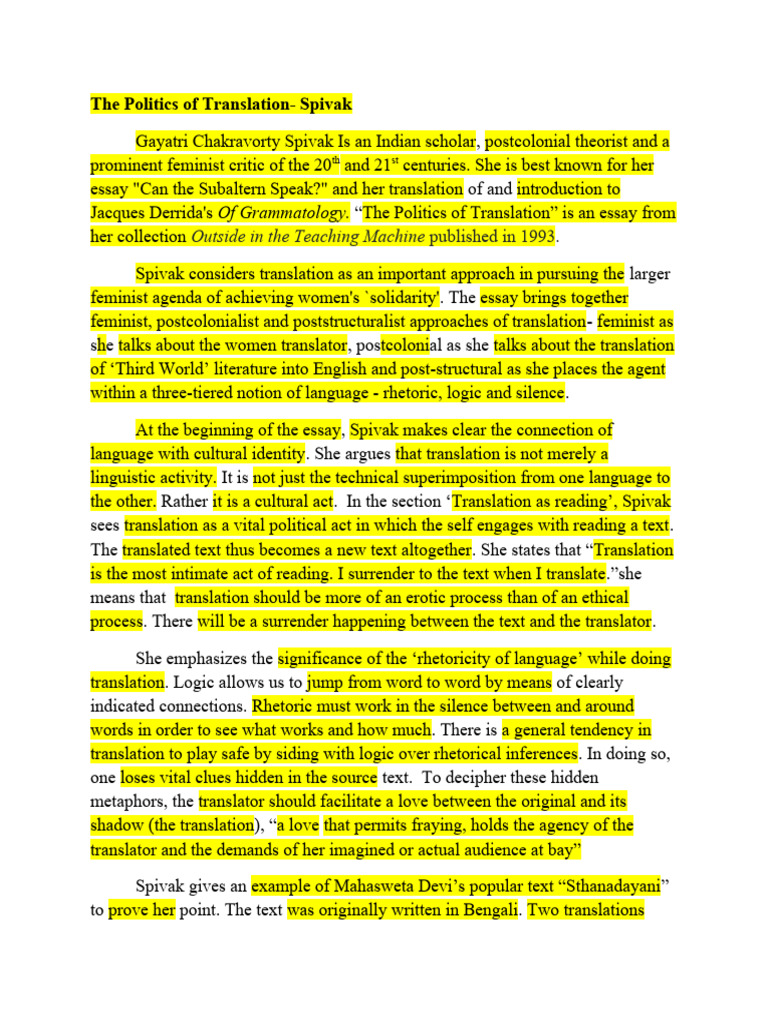 Spivac Politics of Translation-Note | PDF | Liberal Arts Education