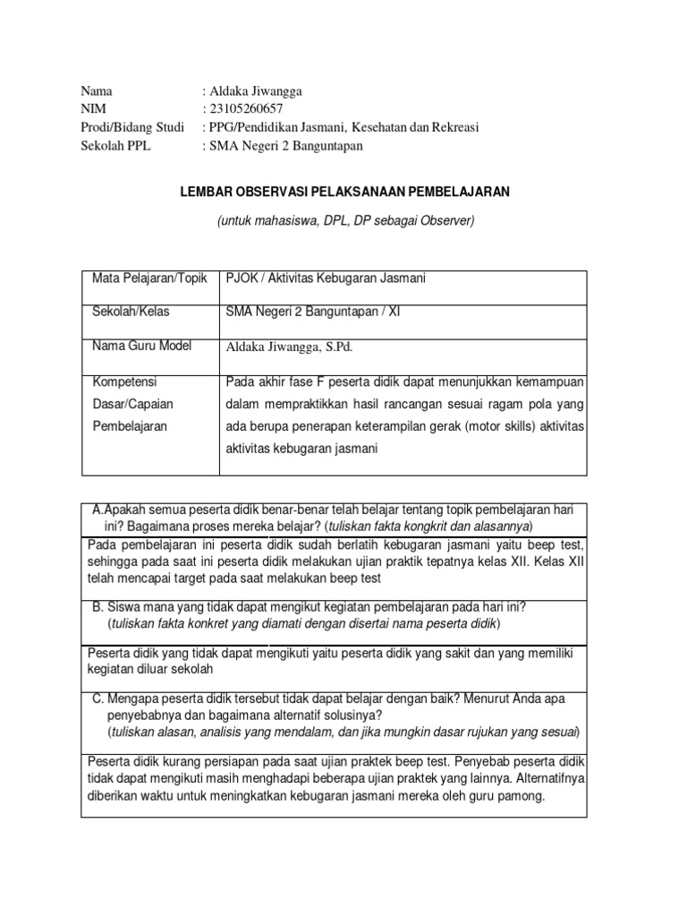 Topik 4 PPL - LK 4 Lembar Observasi Pembelajaran-Siklus 2 | PDF