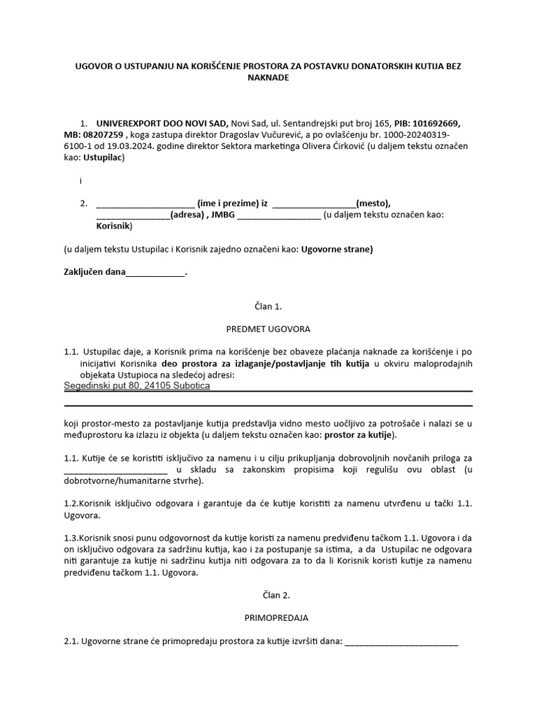 Ugovor o Ustupanju Na Korišćenje Prostora Za Donatorske Kutije Bez ...