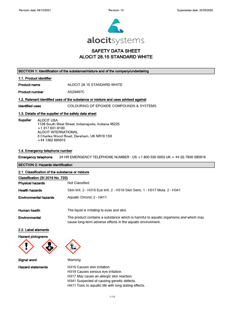 Ausa Alocit 28.15 Standard White MSDS 11-23 | PDF | Toxicity | Hazards