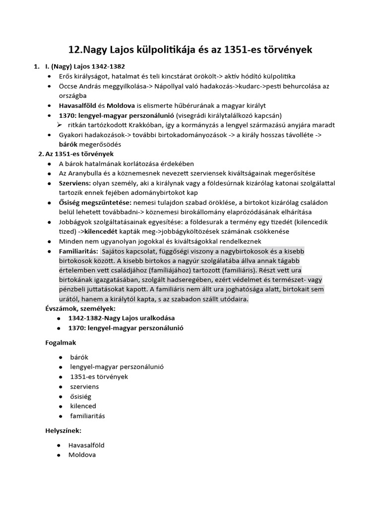 12.nagy Lajos Külpolitikája És Az 1351-Es Törvények | PDF