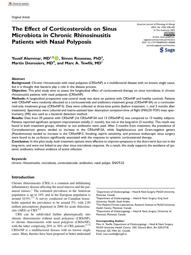 Alammar Et Al 2023 The Effect of Corticosteroids On Sinus Microbiota in Chronic Rhinosinusitis ...