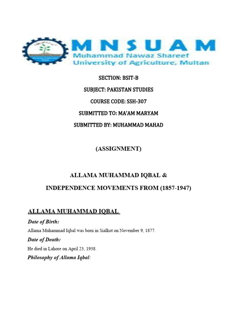 M. Mahad Pak-Study Assignment | Download Free PDF | Pakistan Movement | All India Muslim League