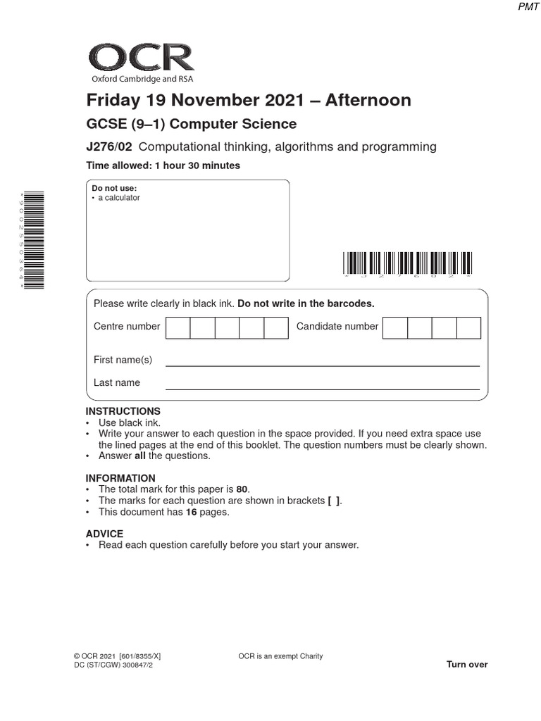 November 2021 QP - Paper 2 OCR Computer Science GCSE | PDF | Algorithms | Character Encoding