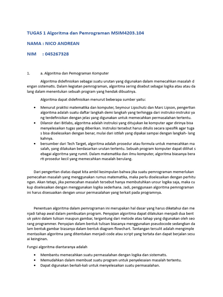 Tugas 1 - Algoritma Dan Pemrograman 104 - Nico Andrean - 045267328 | PDF | Seni | Komputer