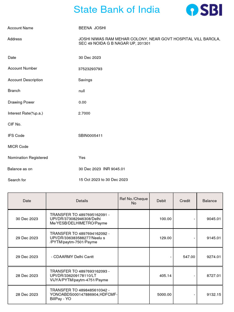 SBI Bank Statement (Oct - Dec) | PDF | Debits And Credits | Cheque