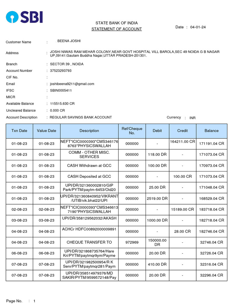SBI Bank Statement (Aug - Oct) | PDF | Personal Identification Number ...