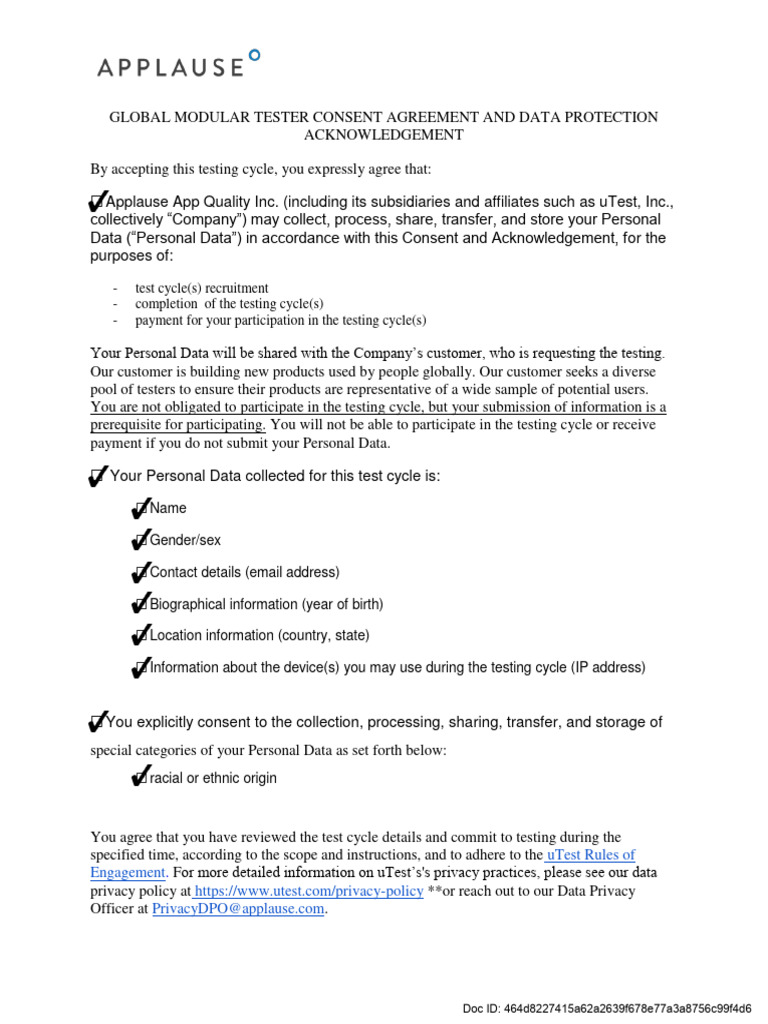 Onfido - Applause - 2024 PERSONAL DATA TESTER CONSENT FORM | PDF ...