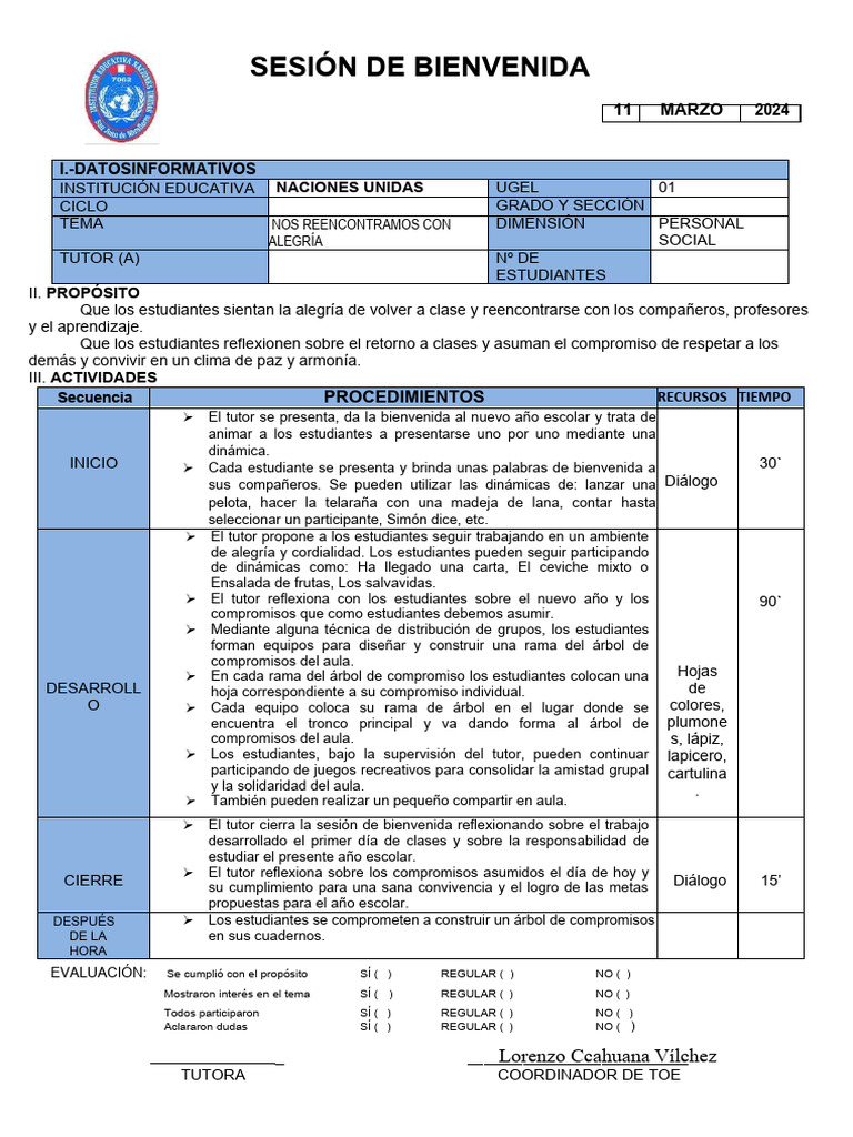 Sesión de Bienvenida Tutoría | PDF