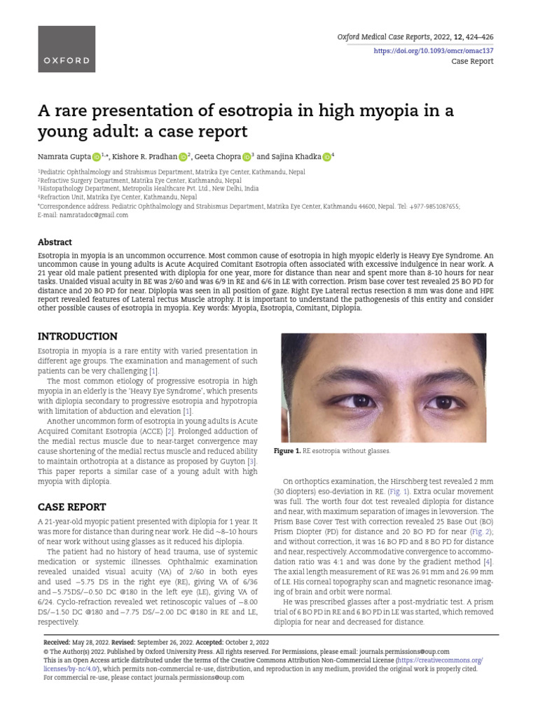 Esotropia in High Myopia: A Case Study | PDF | Myopia | Vision